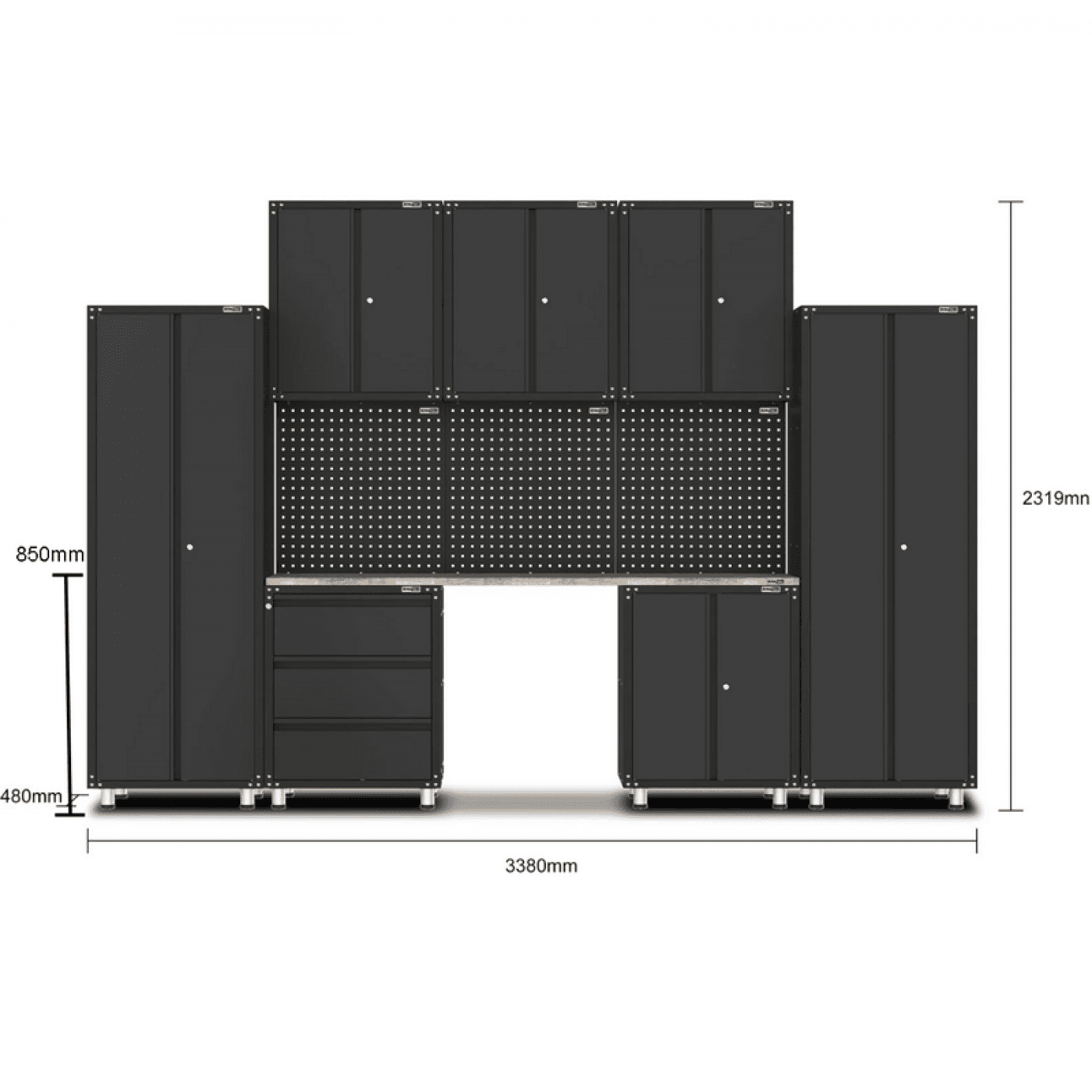 3380mm x 480mm x 2319mm Black Workshop Garage Storage Cabinet Set