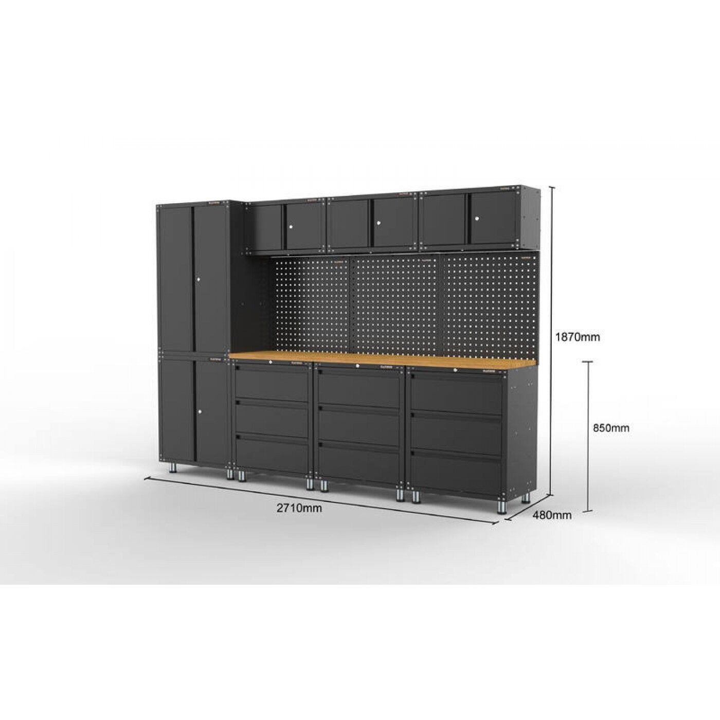 2710mm x 480mm x 1870mm Black Workshop Garage Storage Cabinet Set Model B