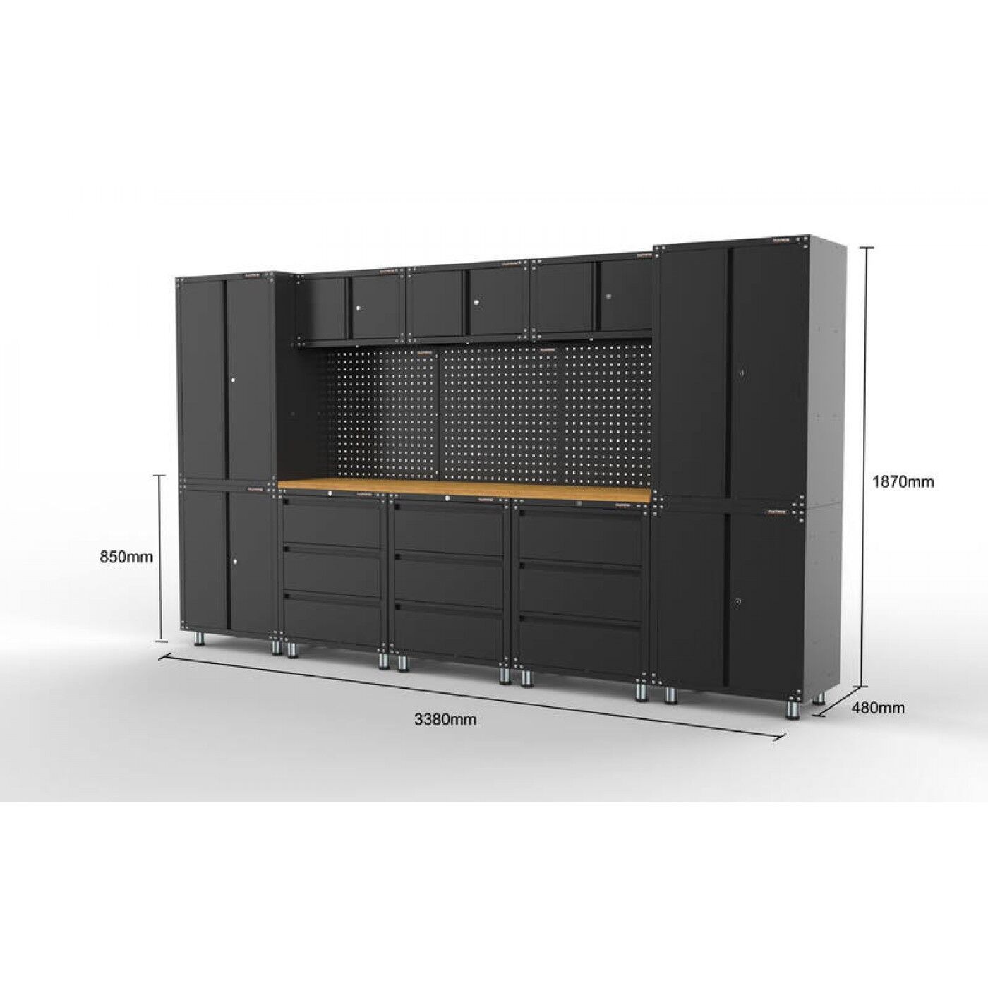 3380mm x 480mm x 1870mm Black Workshop Garage Storage Cabinet Set